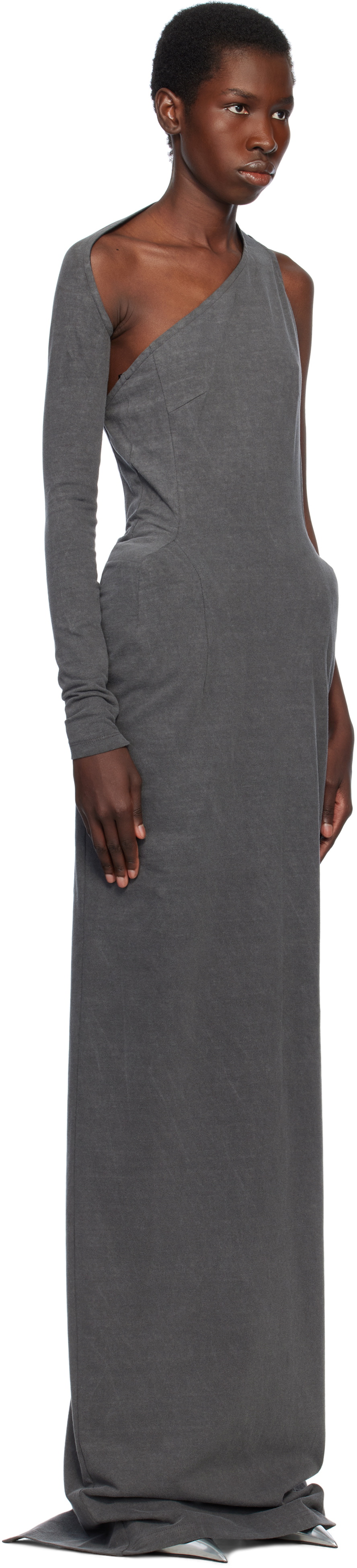 Pushbutton Gray Asymmetric Darted Slim Maxi Dress Pushbutton