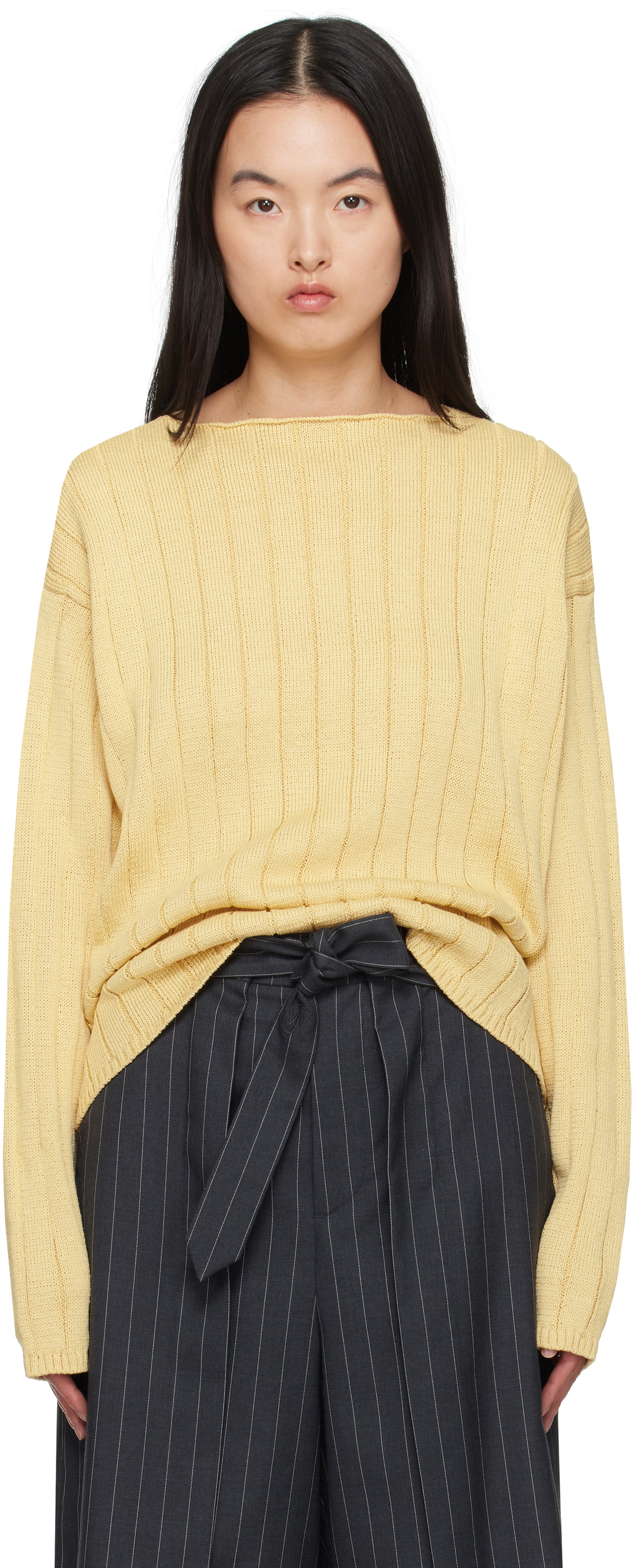 AURALEE Yellow Flat Cord Yarn Boat Neck Sweater Auralee