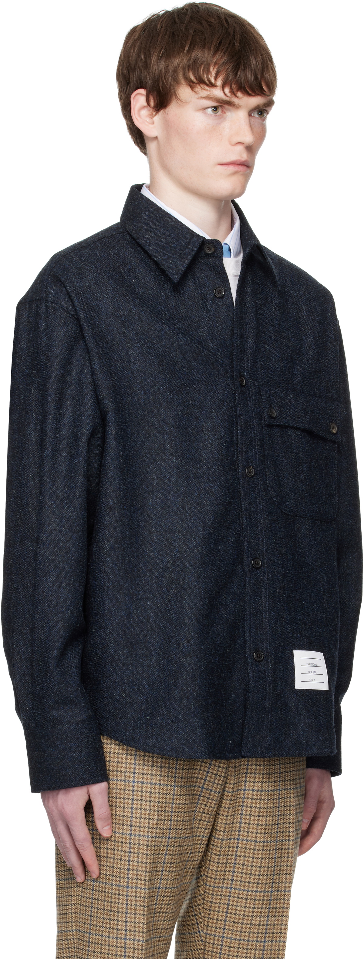 Thom Browne Navy Oversized PC Solid Donegal Tweed Shirt Thom Browne