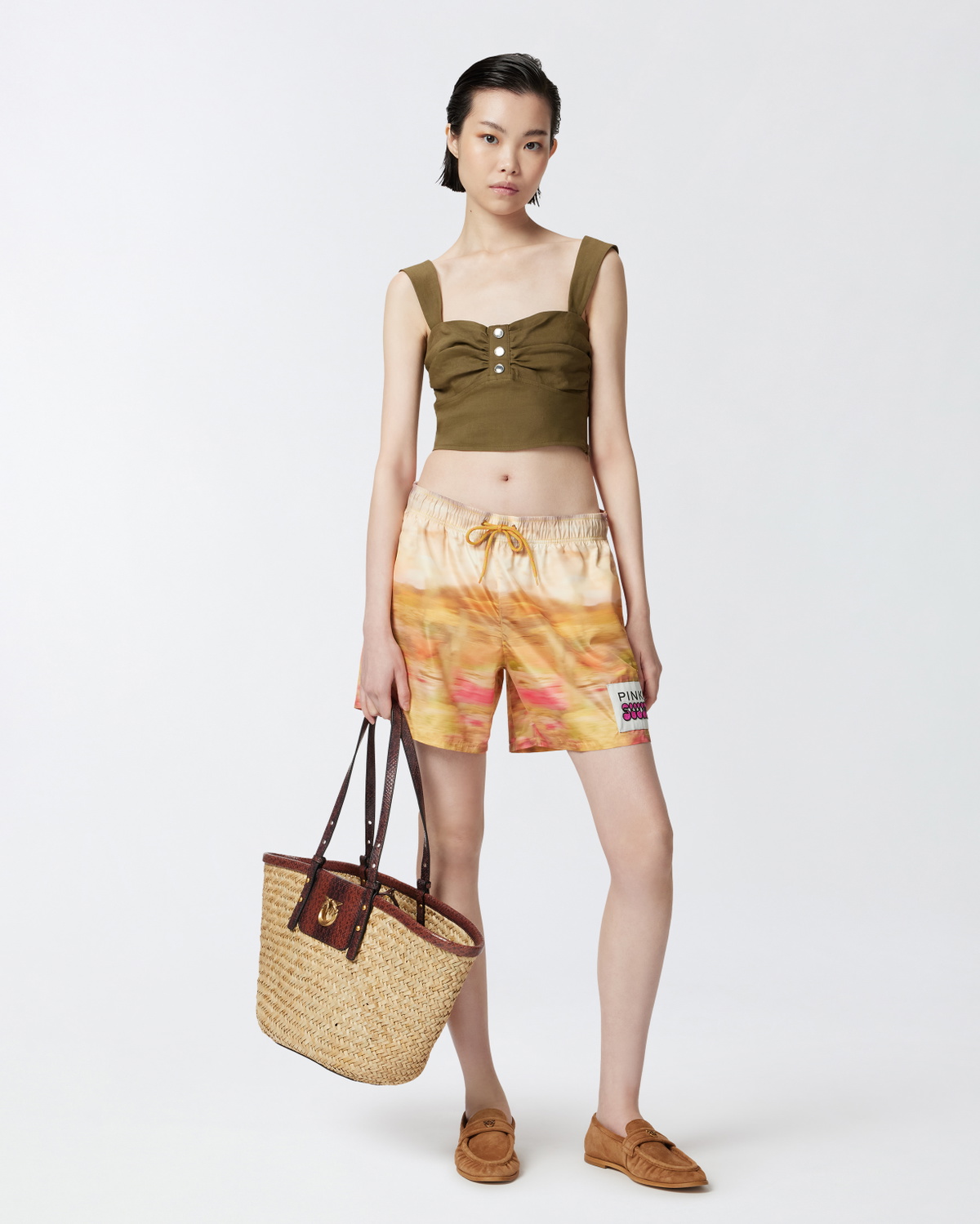Pinko Linen Crop Top With Buttons Military Olive Green Pinko