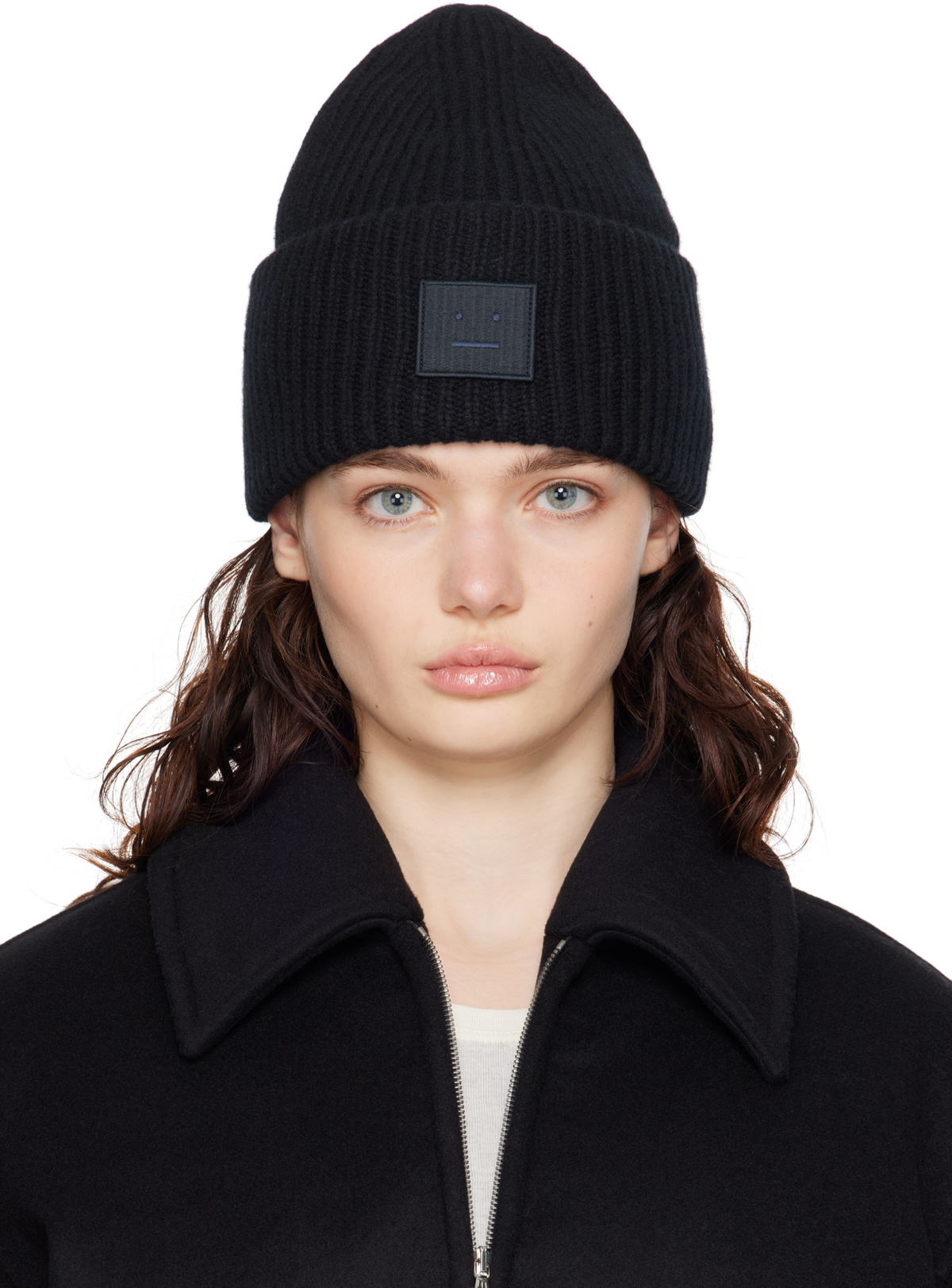 Acne Studios Black Large Face Logo Beanie Acne Studios