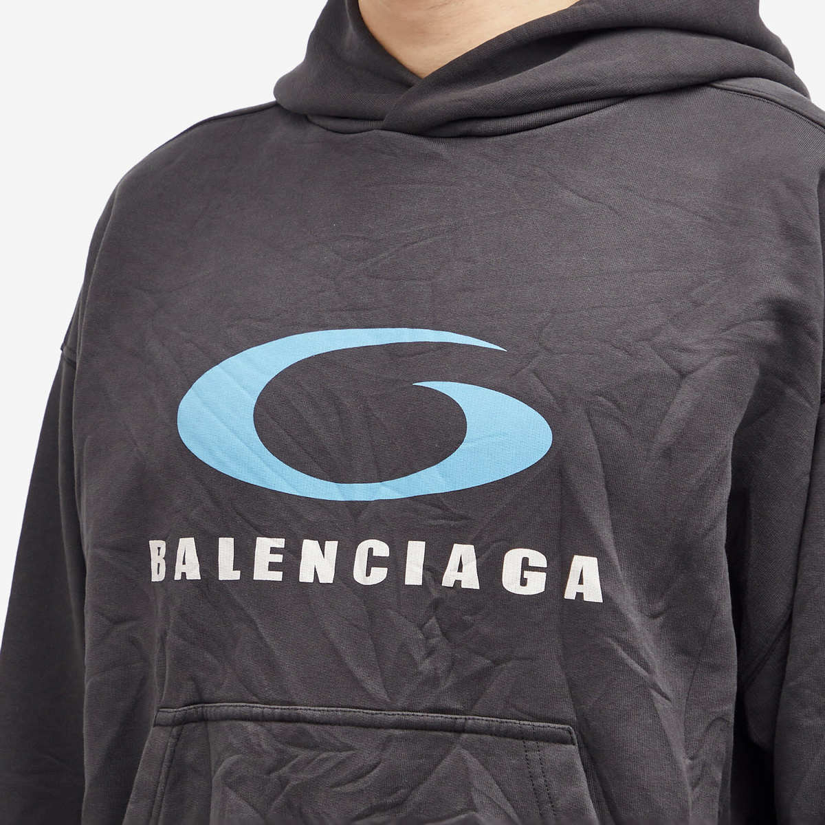Balenciaga Men's Logo Hoodie in Washed Black/Blue Balenciaga Balenciaga Men's Logo Hoodie in Washed Black/Blue Balenciaga