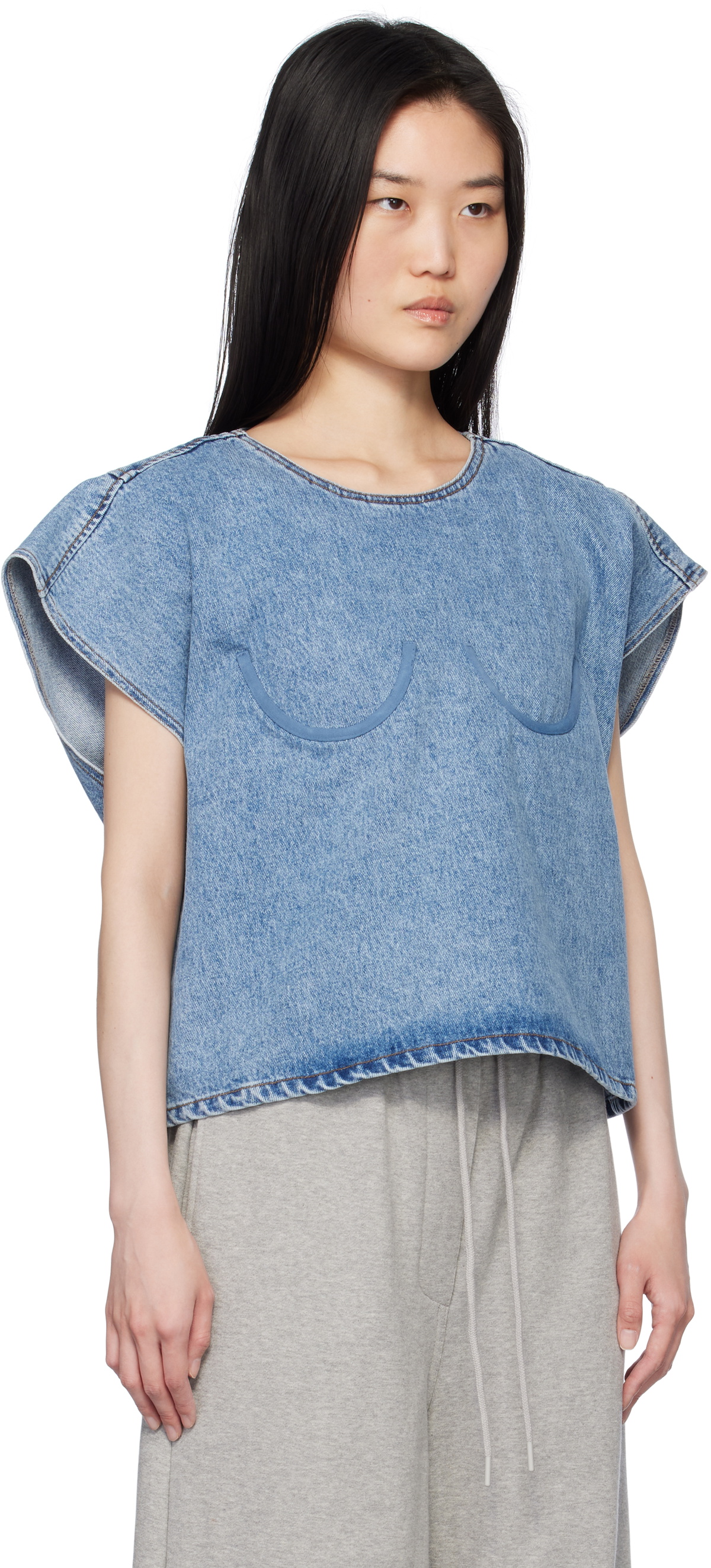 Pushbutton Blue Bra Point Sleeveless Denim Top Pushbutton