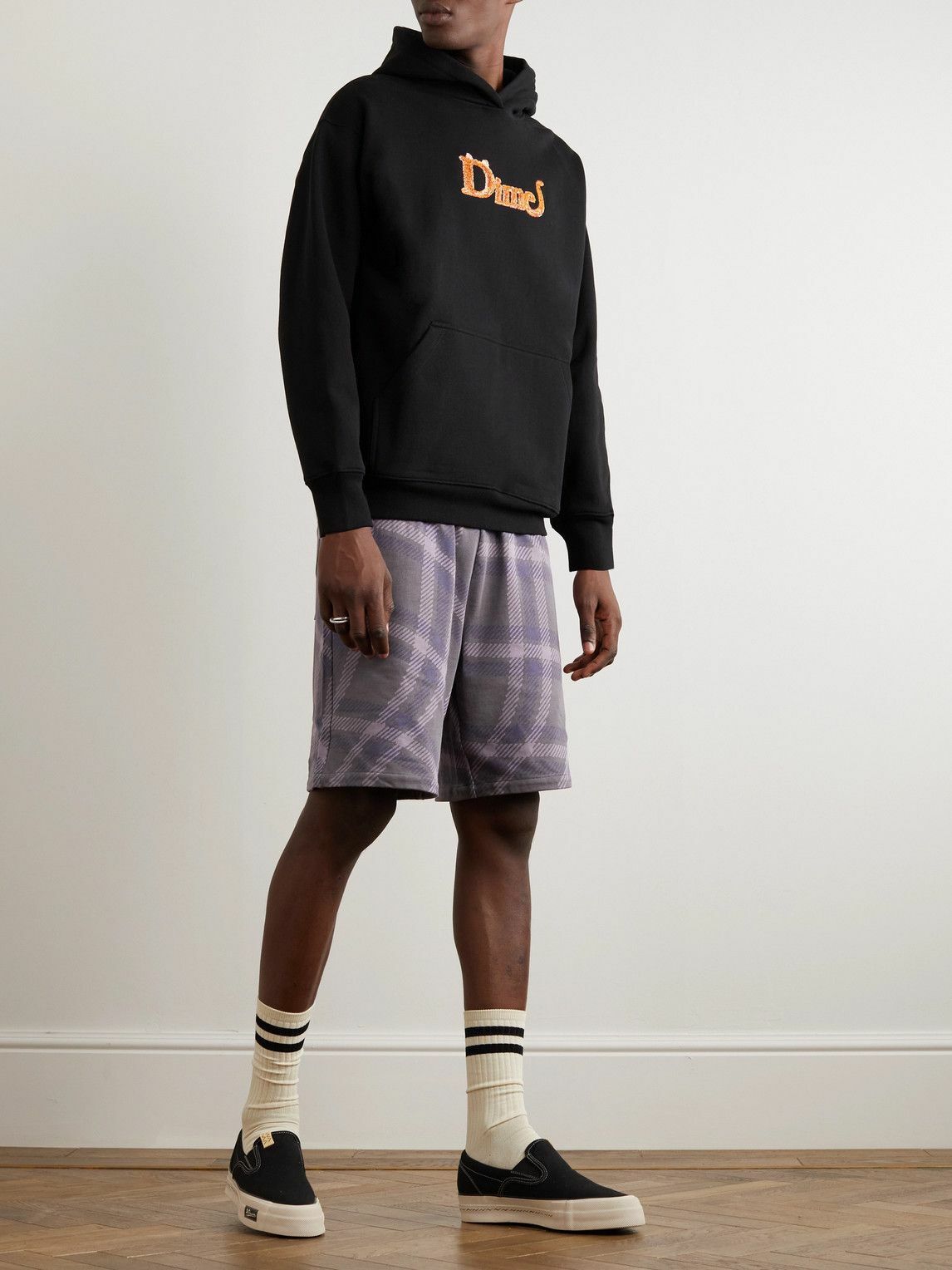 DIME - Straight-Leg Logo-Embroidered Checked Cotton-Jersey Drawstring ...