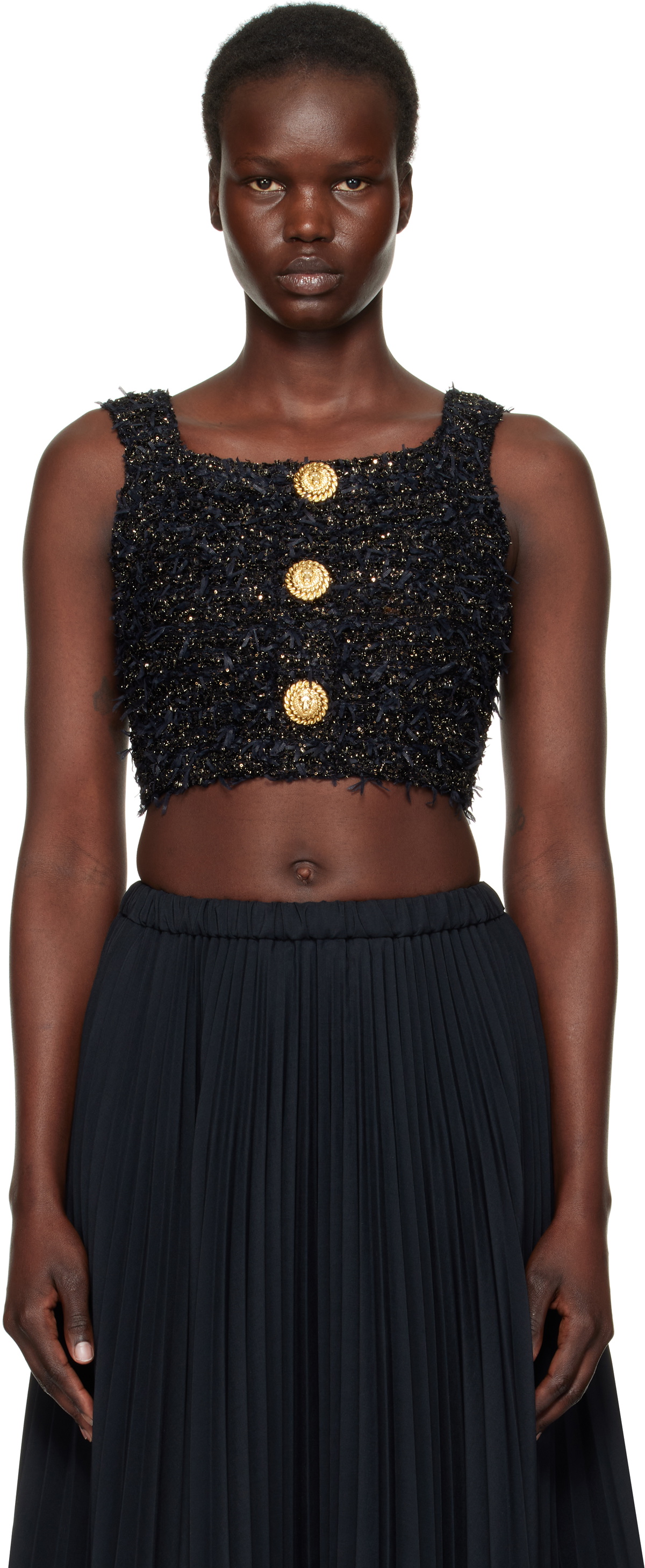 Balmain Black Tweed Knit Crop Tank Top Balmain