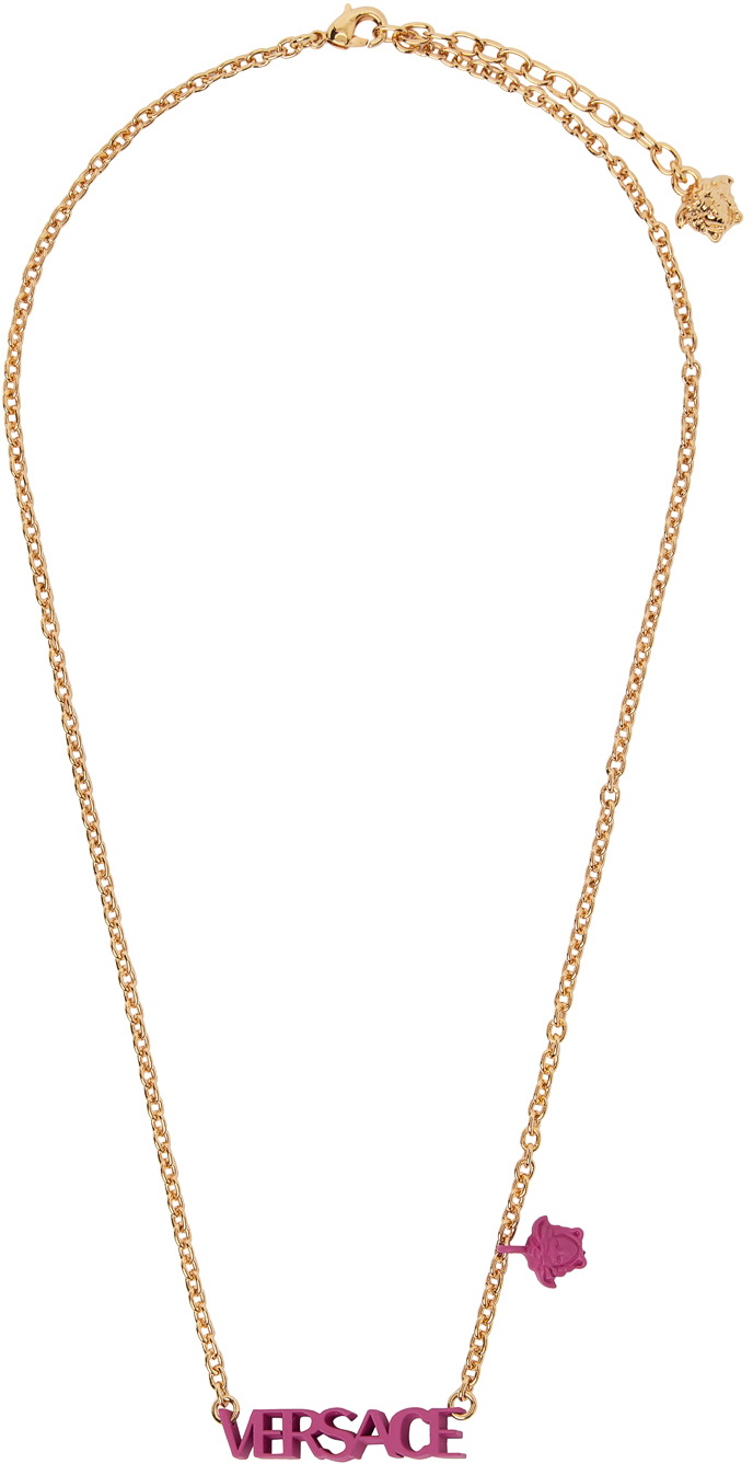 Versace Gold & Burgundy Logo Charm Necklace Versace