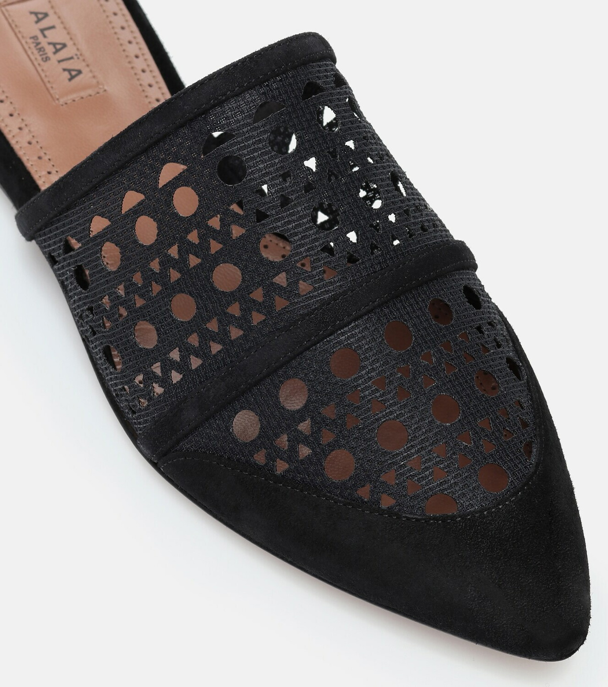 Alaïa Laser-cut mesh and suede slippers ALAÏA