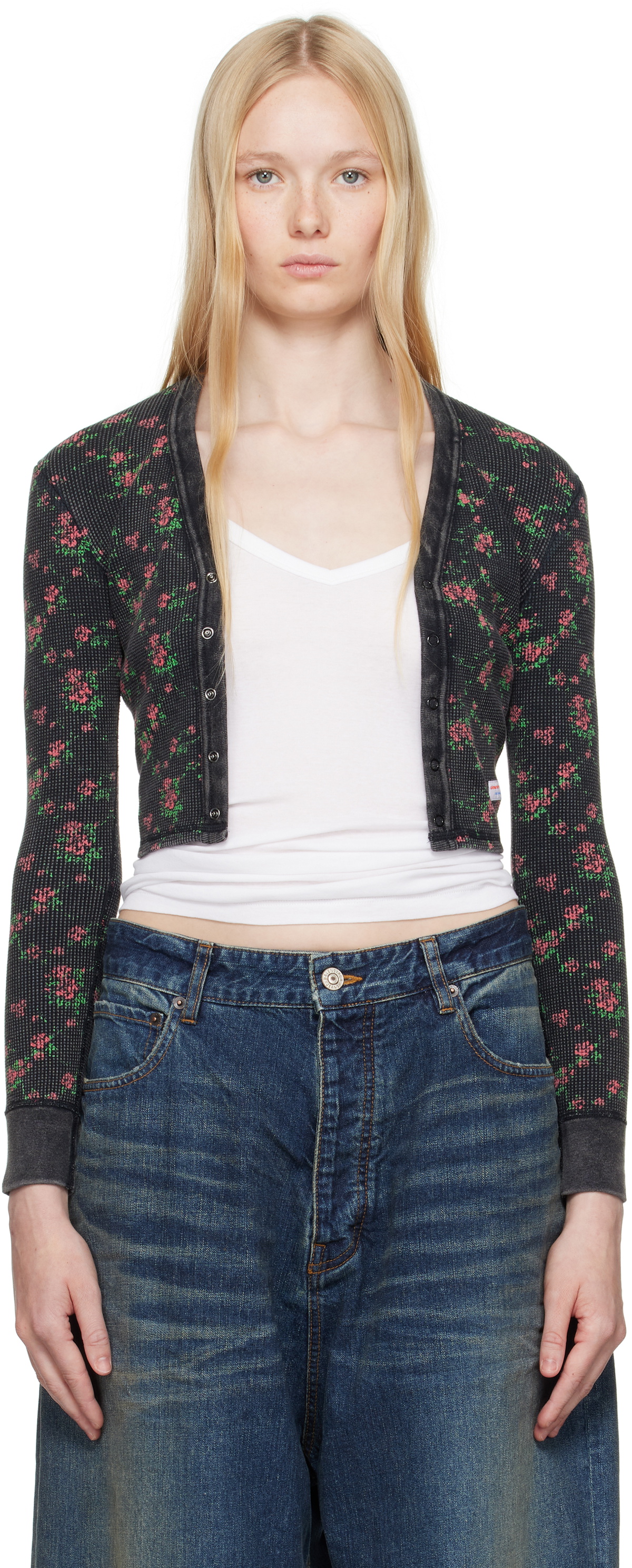 Alexander Wang Black Floral-Print Waffle Knit Cardigan Alexander Wang