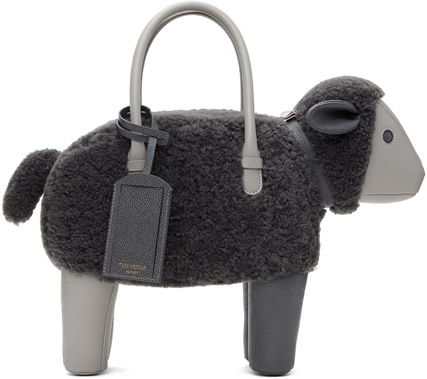 Thom Browne Gray Shearling Wool Sheep Tote Thom Browne
