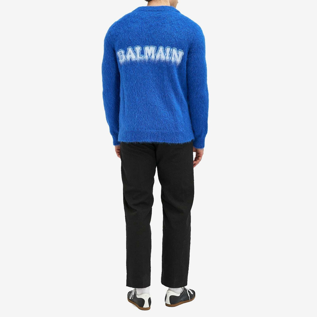 Balmain Men's Retro Logo Mohair Cardigan in Cobalt/White Balmain