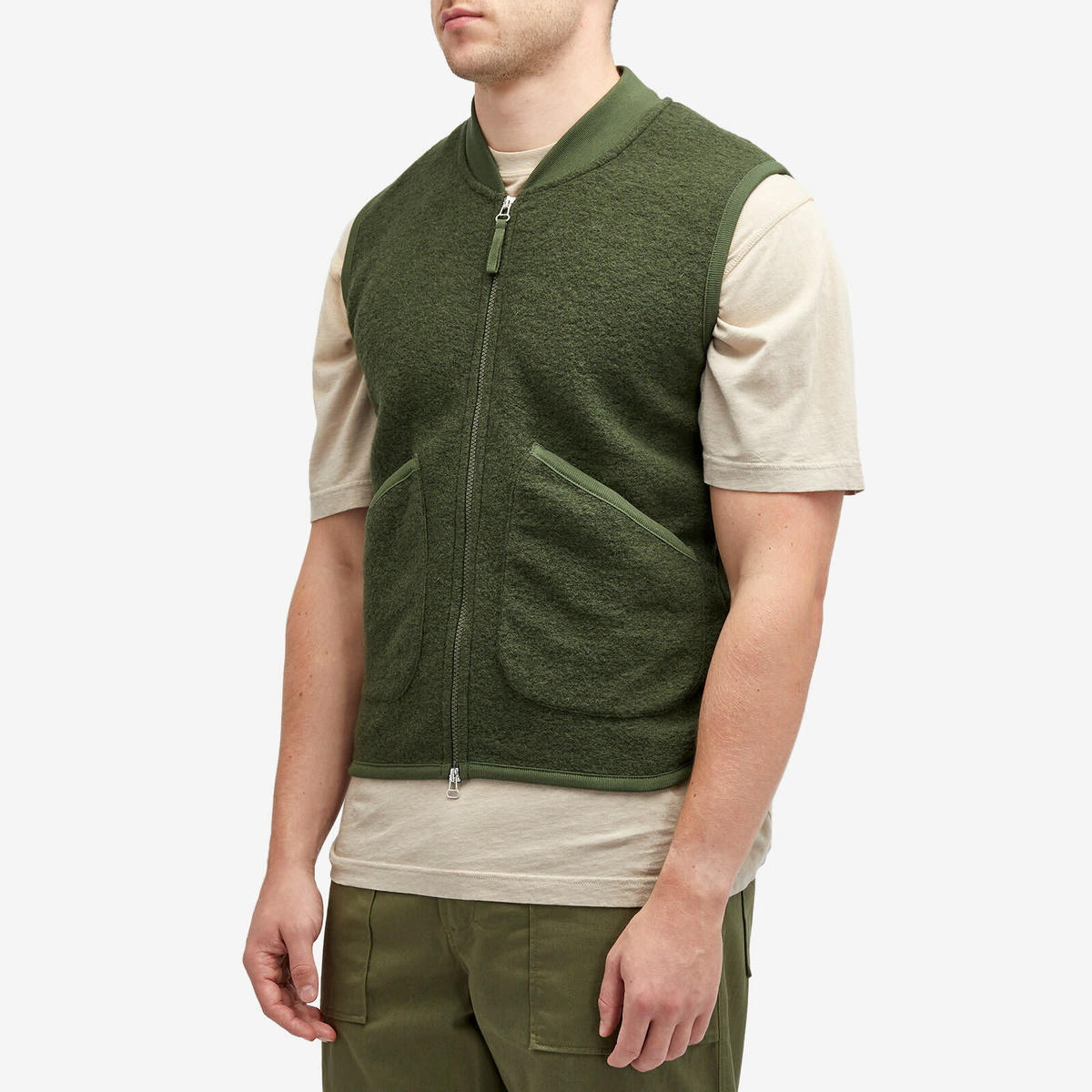 Universal Works Men's Wool Fleece Zip Waistcoat in Olive Universal Works