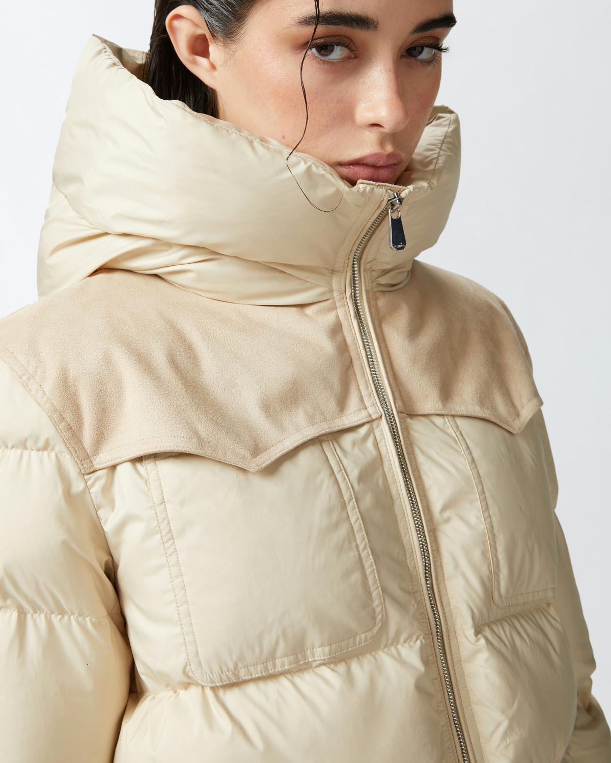 Pinko Padded Cropped Puffer Jacket With Canvas Insert Oyster Grey Pinko