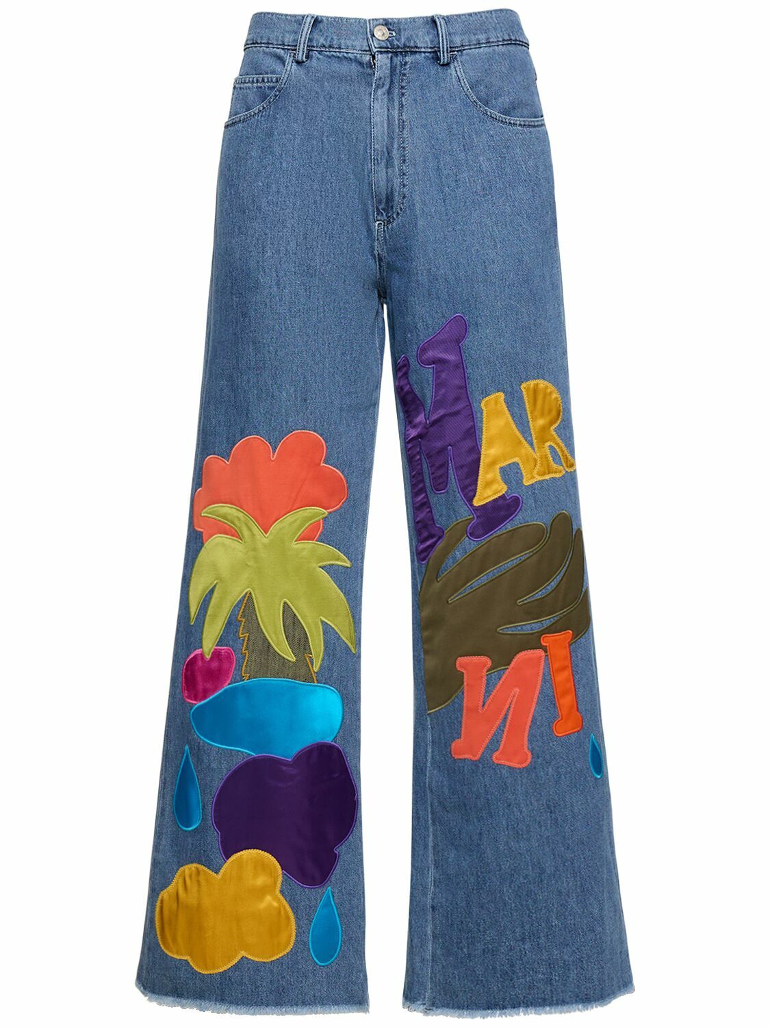 MARNI - Printed Cotton Denim Wide Leg Pants Marni