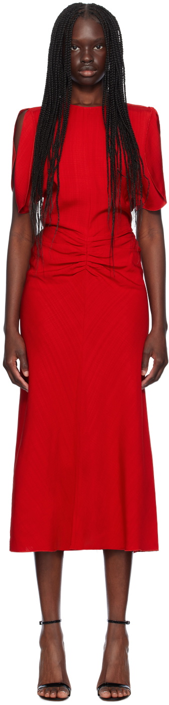 Victoria Beckham Red Gathered Waist Midi Dress Victoria Beckham