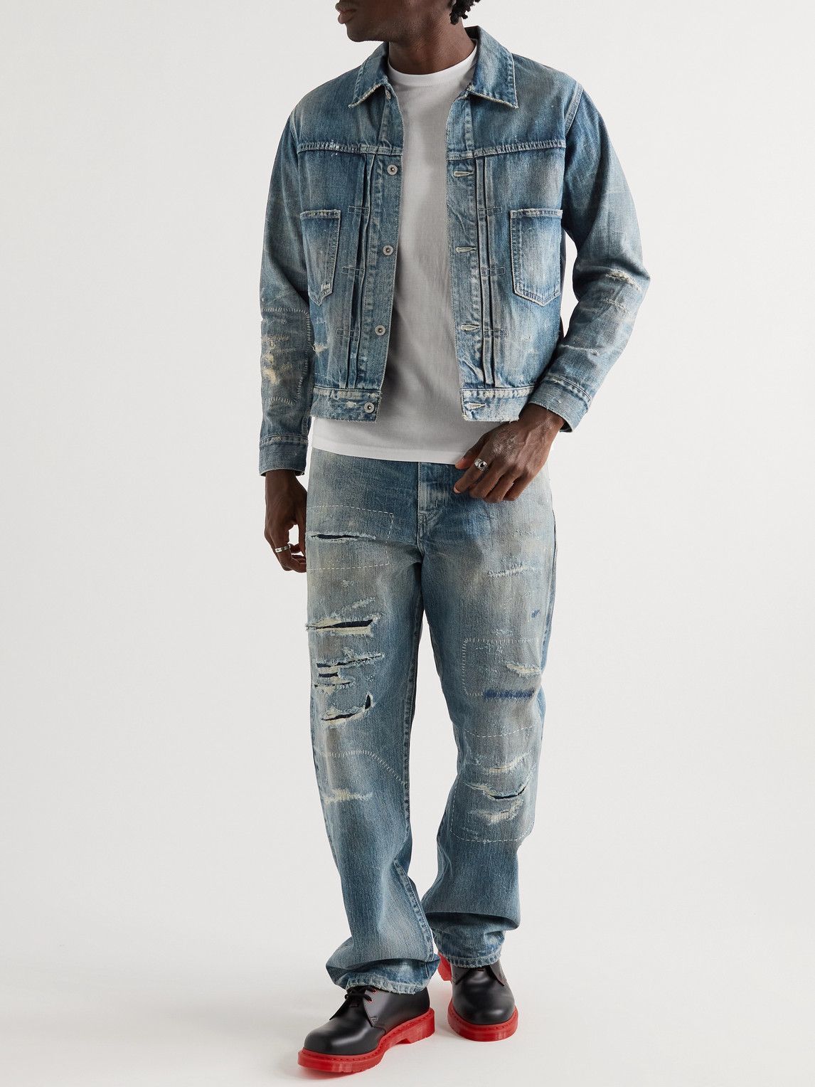 Neighborhood - Slim-Fit Cropped Embroidered Distressed Denim Jacket ...