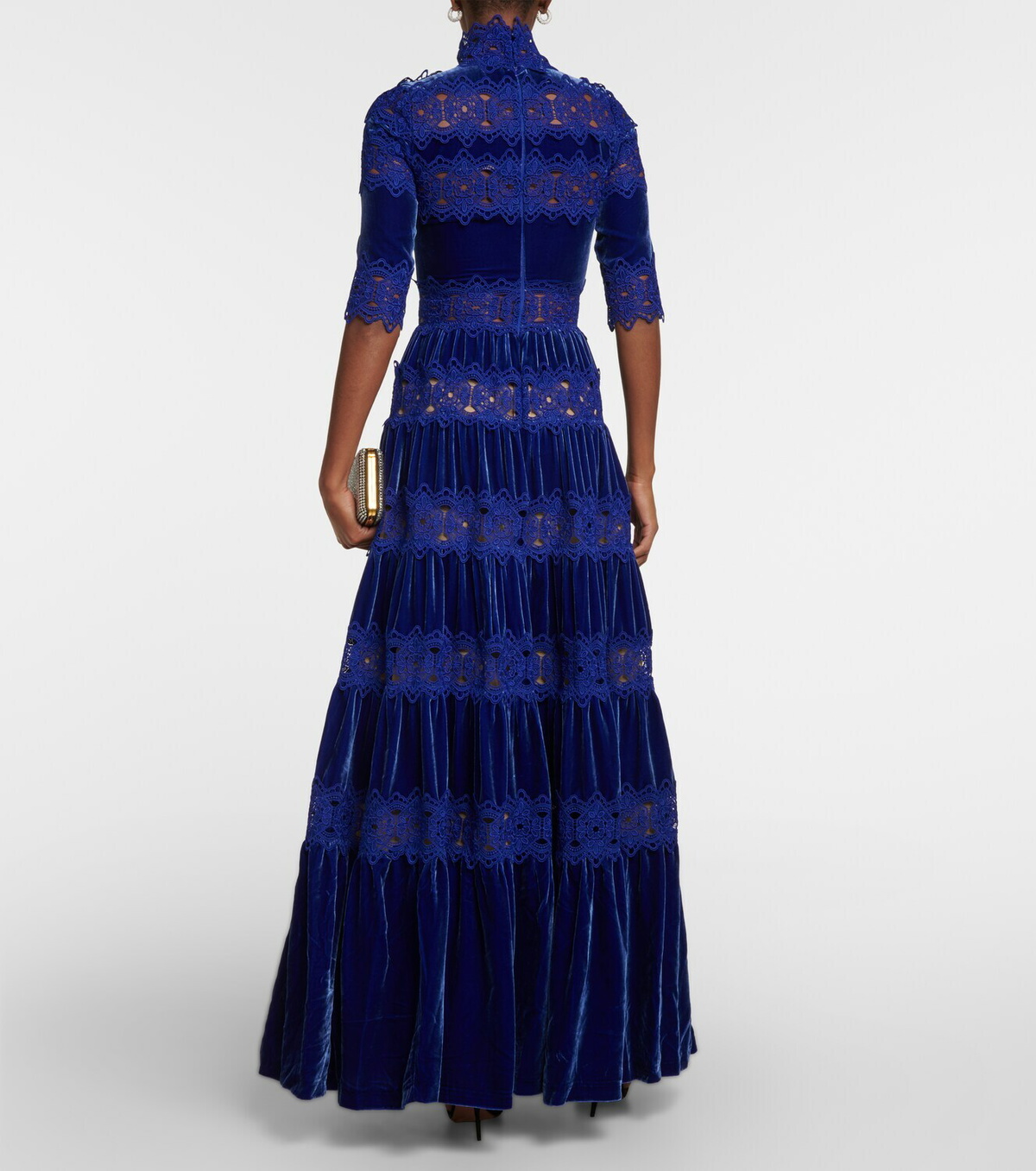 Costarellos Lissie lace, silk, and velvet gown Costarellos