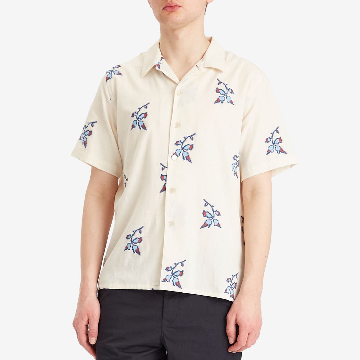 Paul Smith Men's Flower Embroidered Vacation Shirt in White Paul Smith