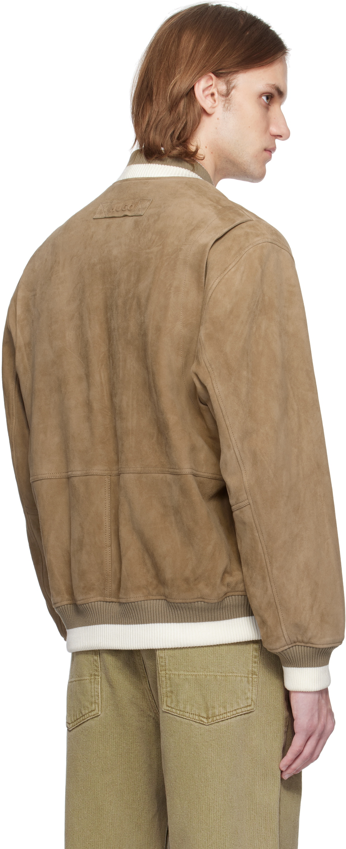 Hugo Brown Ribbed-Trim Suede Bomber Jacket Hugo Boss