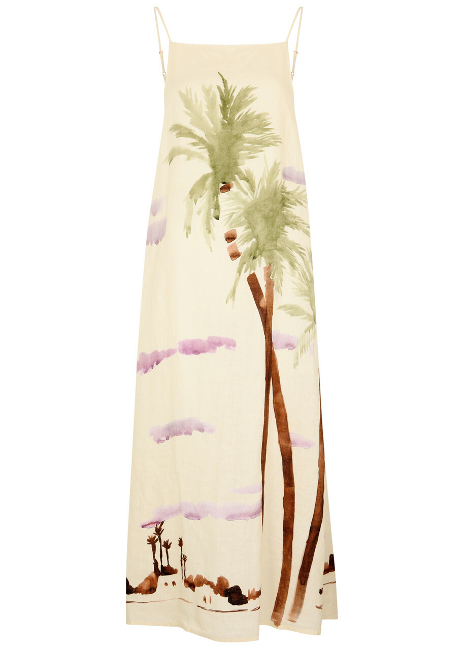 Desmond & Dempsey Mirage Printed Linen Night Dress Cream Desmond & Dempsey