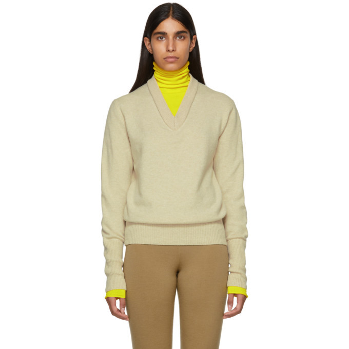 Joseph Beige and Yellow Double Knit V-Neck Sweater Joseph