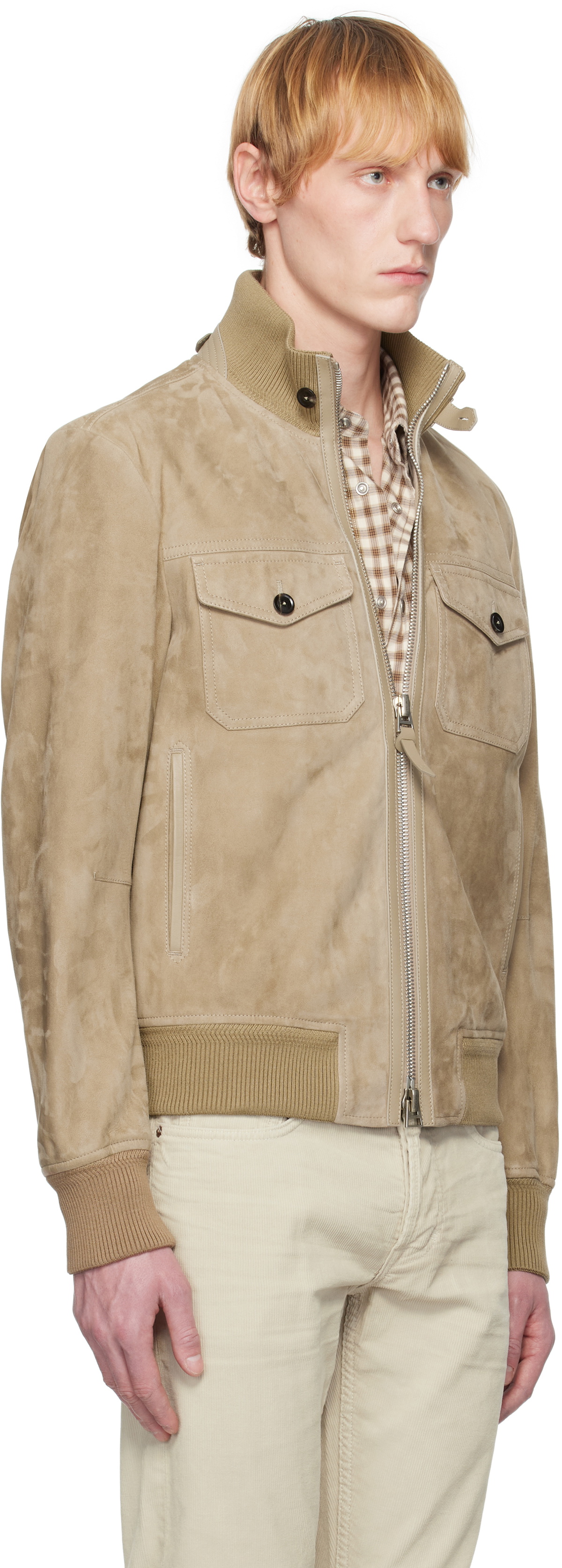 TOM FORD Khaki Chest Pocket Suede Bomber Jacket TOM FORD