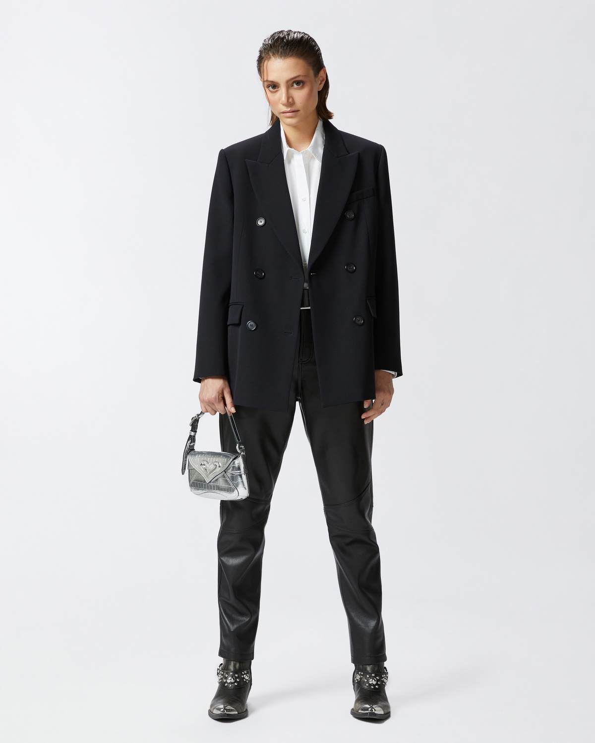 Pinko Oversized Double Breasted Wool Blend Twill Blazer Limo Black Pinko