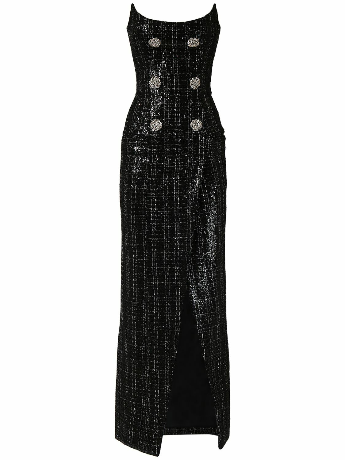 BALMAIN - Glittered Tweed Long Bustier Dress Balmain