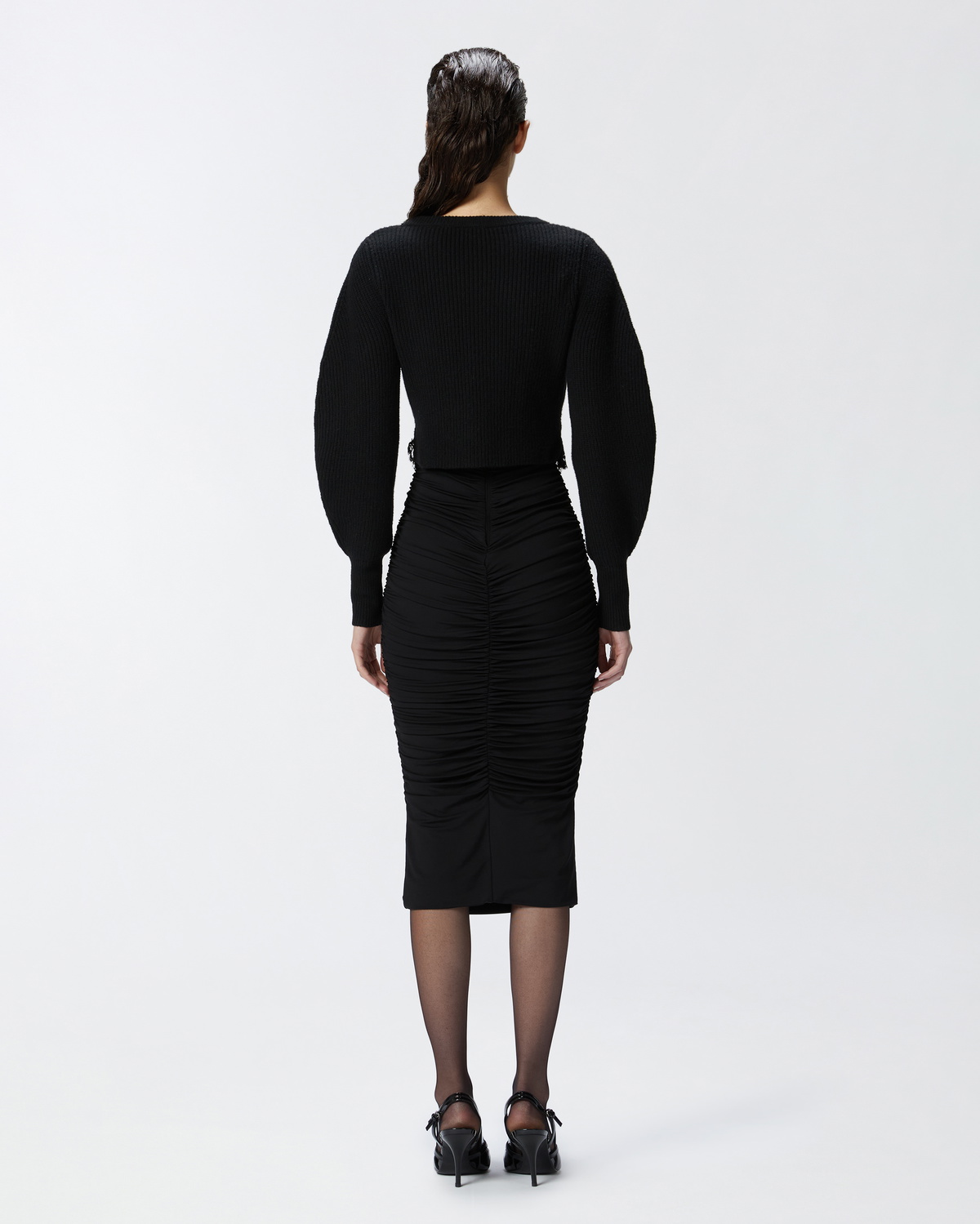 Pinko Ribbed Cropped Cardigan With Lace Hem Limo Black Pinko