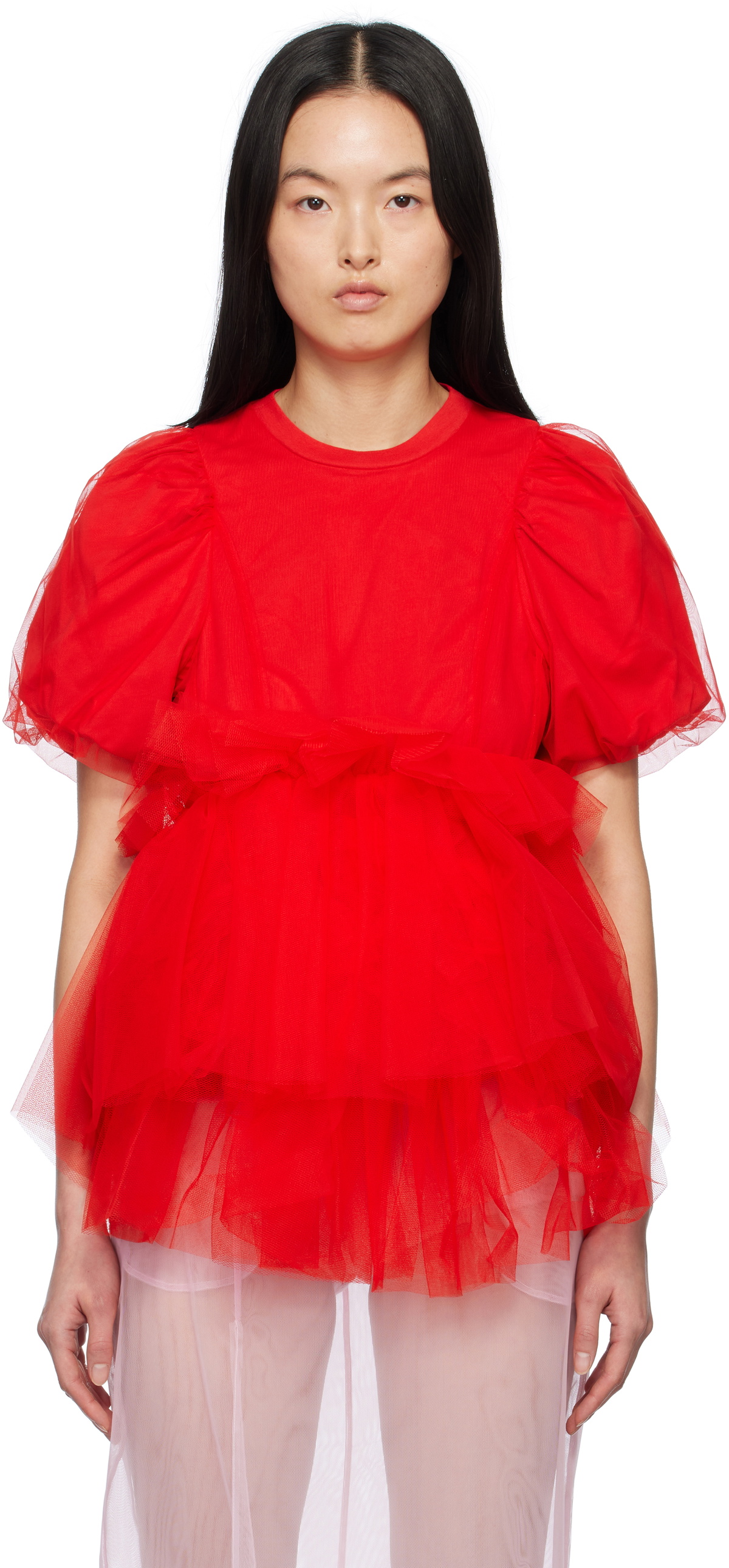 Simone Rocha Red Tulle Overlay Puff Sleeve Tutu Hem T-shirt Simone Rocha