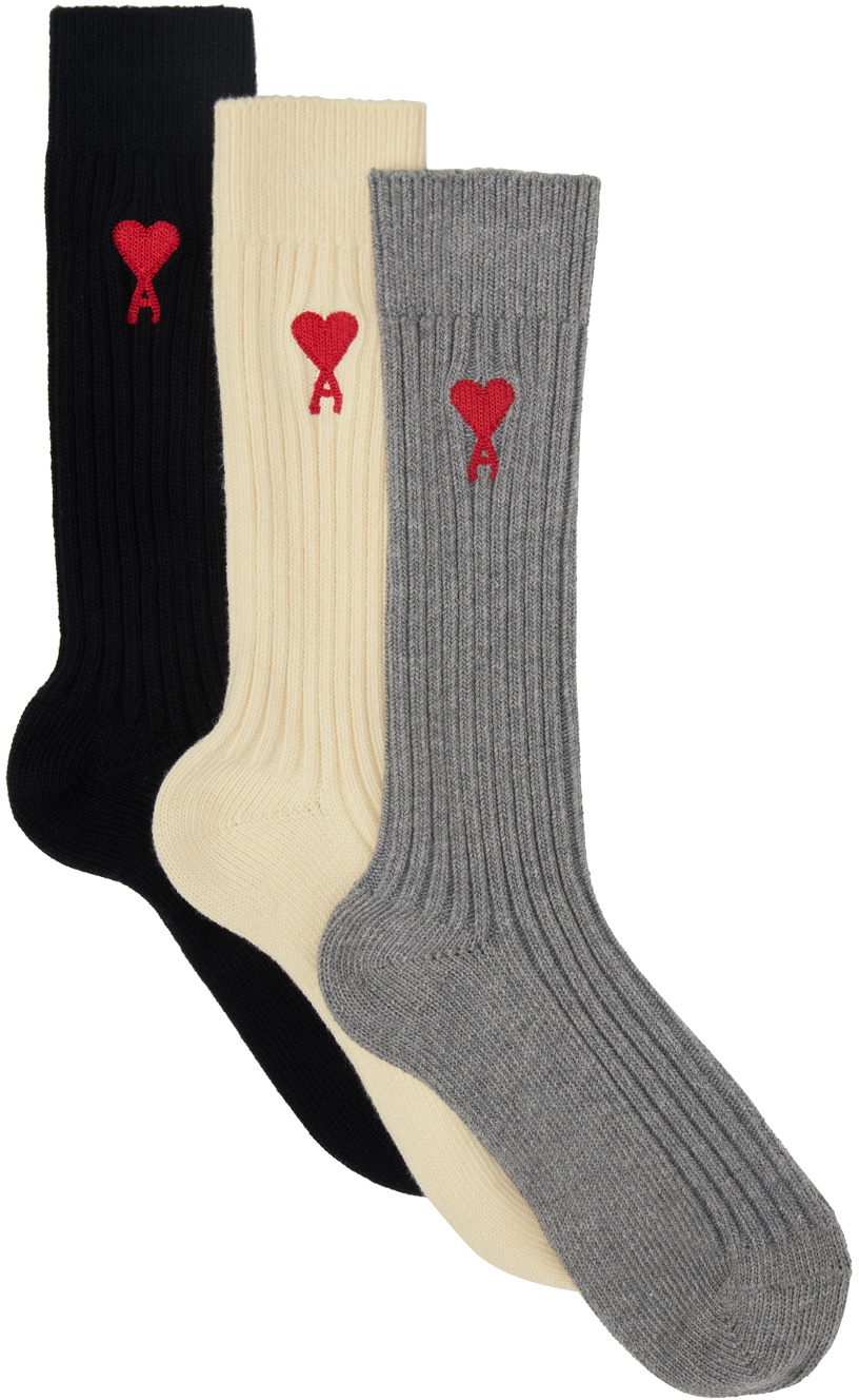 AMI Paris Three-Pack Multicolor Ami de Cœur Socks AMI