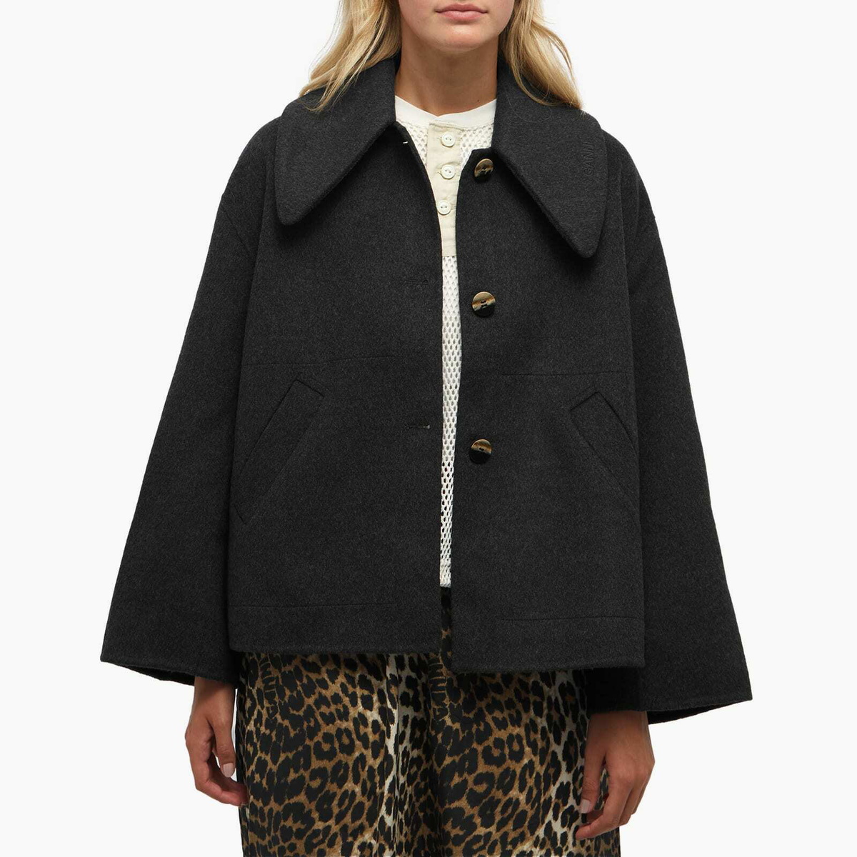 GANNI Women's Wool Wide Collared Jacket in Phantom GANNI