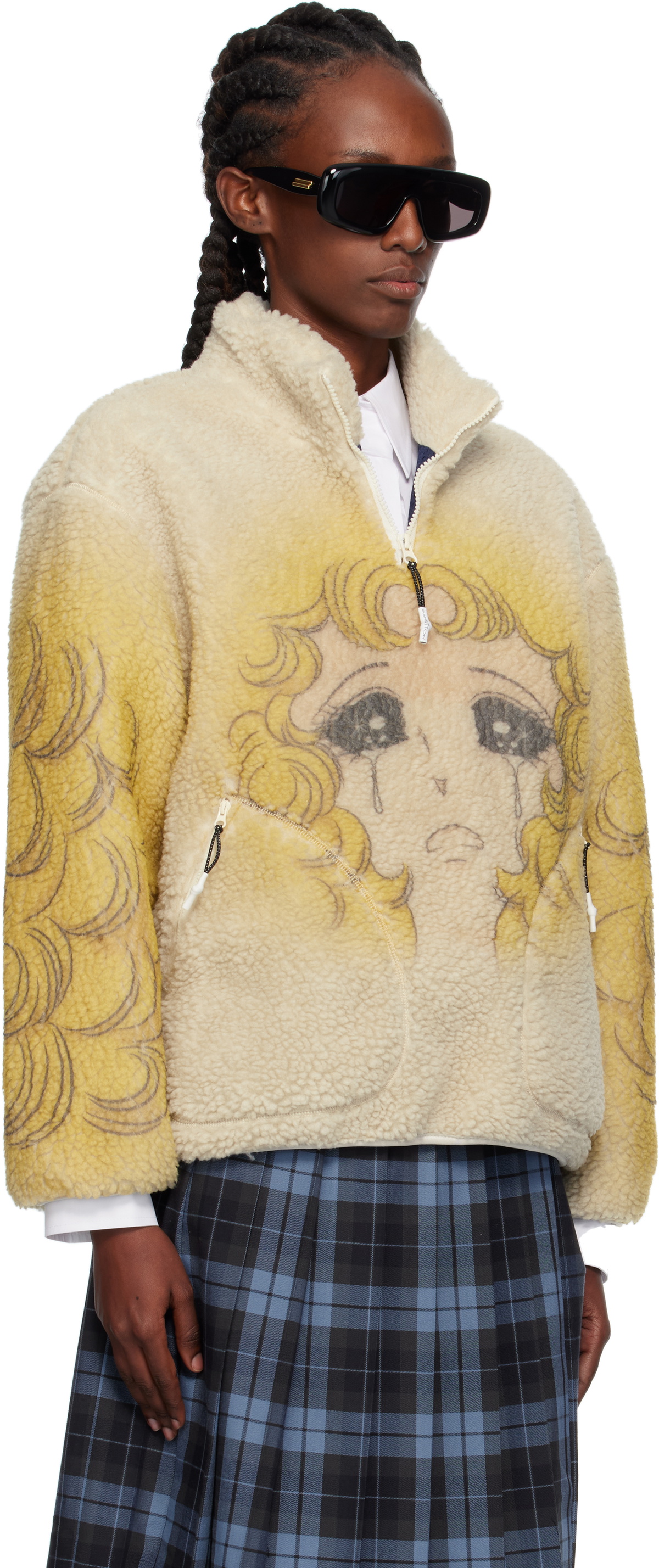 Pushbutton Yellow & Beige Crying Girl Half Zip Up Fleece Sweater Pushbutton