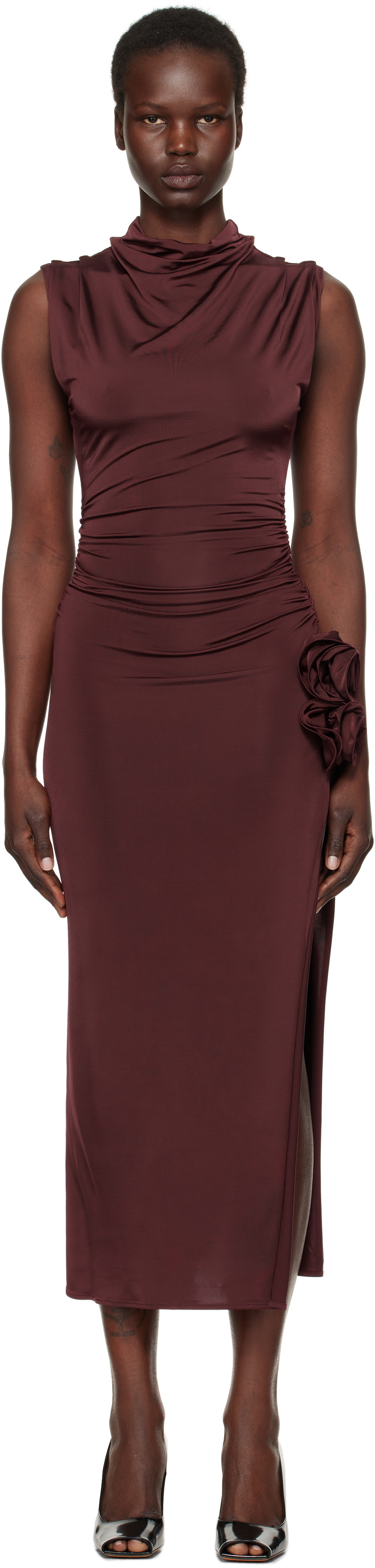 Magda Butrym Burgundy Draped High Neck Midi Dress Magda Butrym