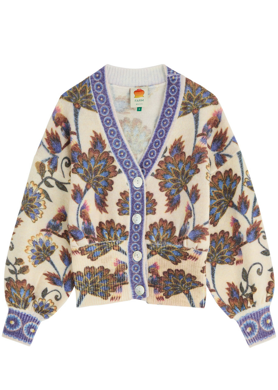 Farm Rio Ainika Floral Wool-blend Cardigan Cream Farm Rio