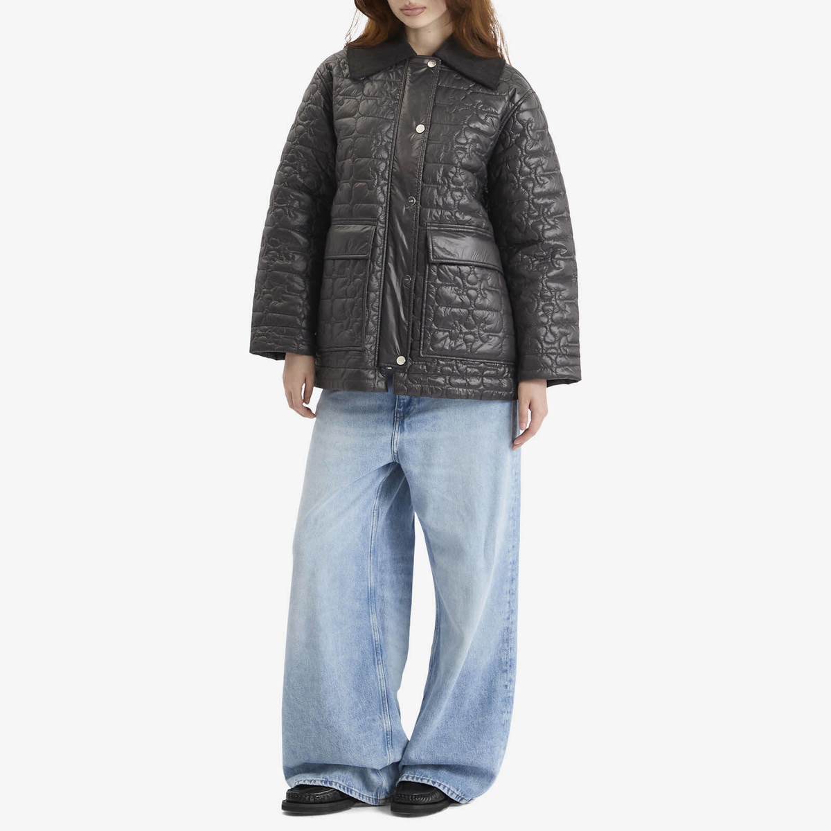GANNI Women's Shiny Quilt Midi Jacket in Phantom GANNI