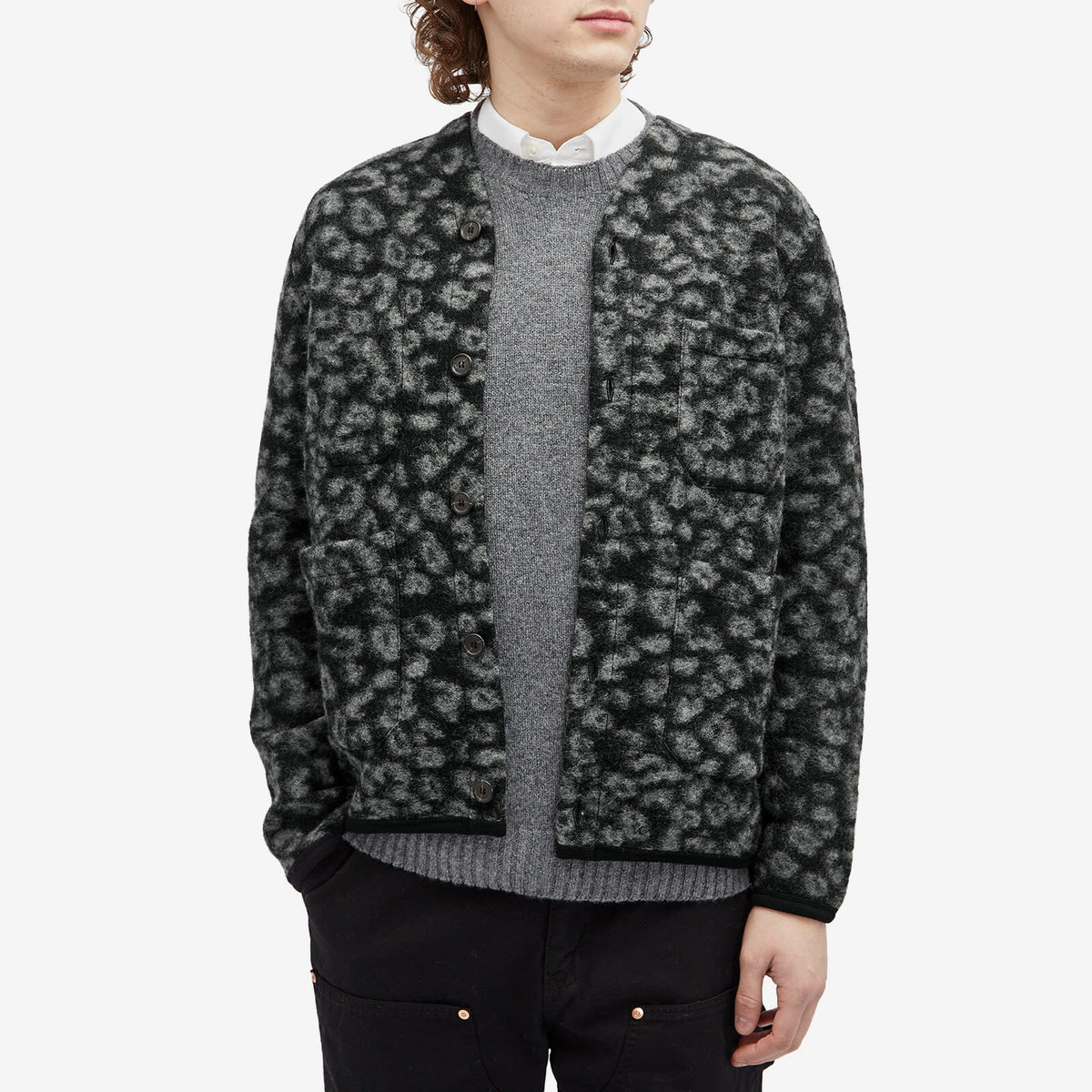 Universal Works Men's Leopard Wool Fleece Cardigan in Black/Charcoal ...