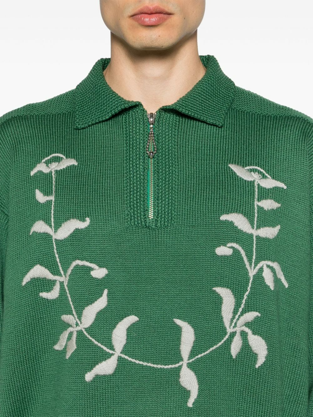 BODE Green Floral Jacquard Detail Half-Zip Jumper Bode