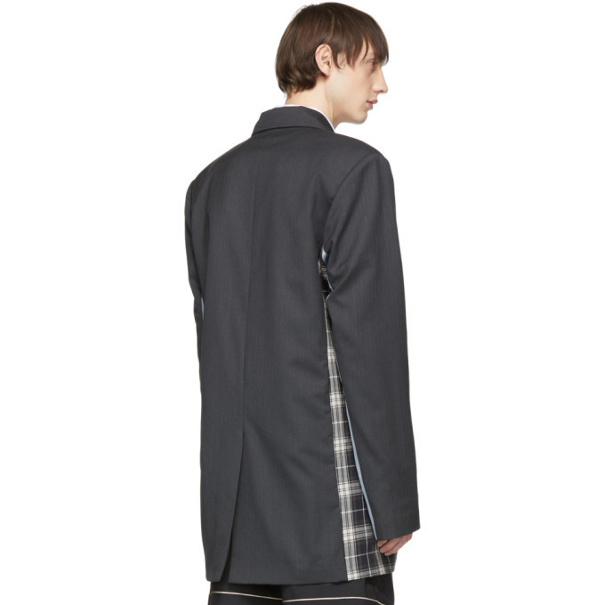Chin Mens Grey Pinstripe Patchwork Jacket Chin Mens