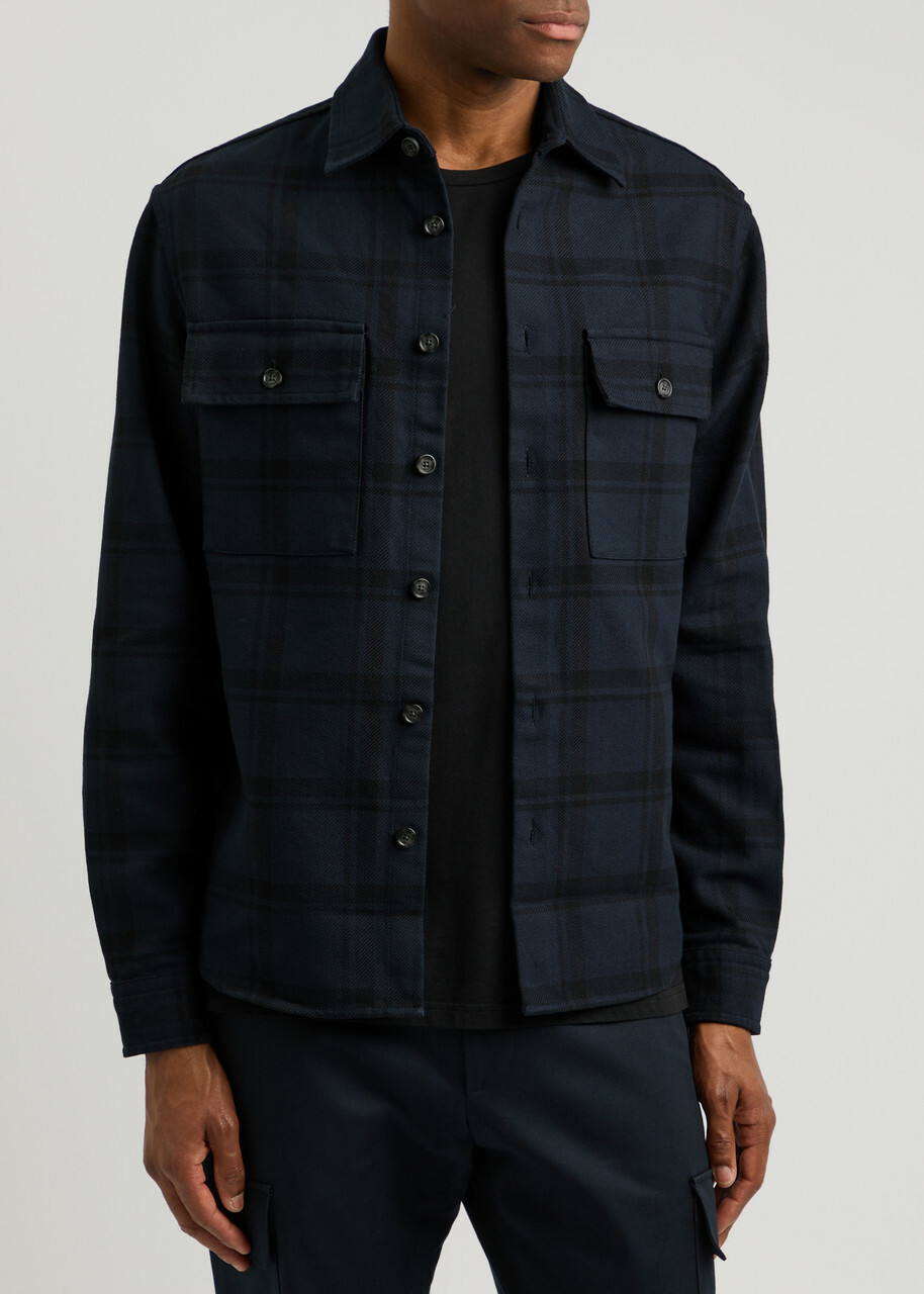 Boss Owen Checked Cotton Overshirt Navy BOSS