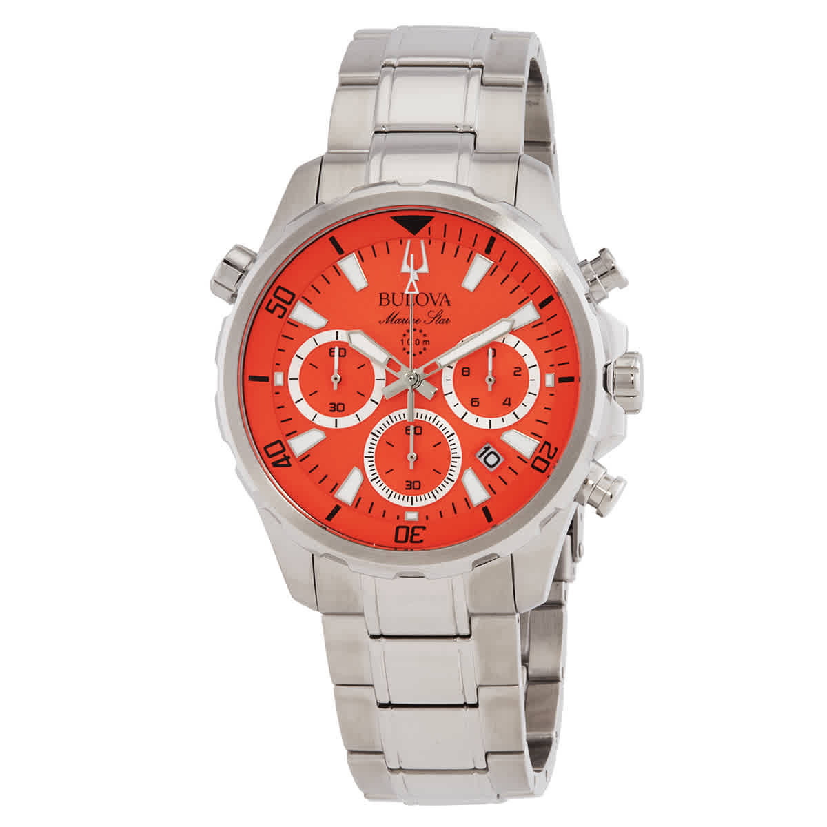 Bulova Marine Star Chronograph Quartz Orange Dial Mens Watch 96B395 Bulova