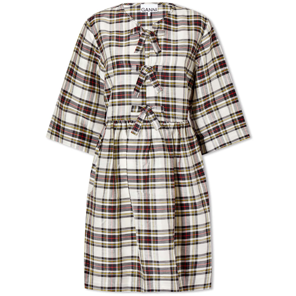 GANNI Women's Silk Check Ribbon Mini Dress in Check Egret GANNI
