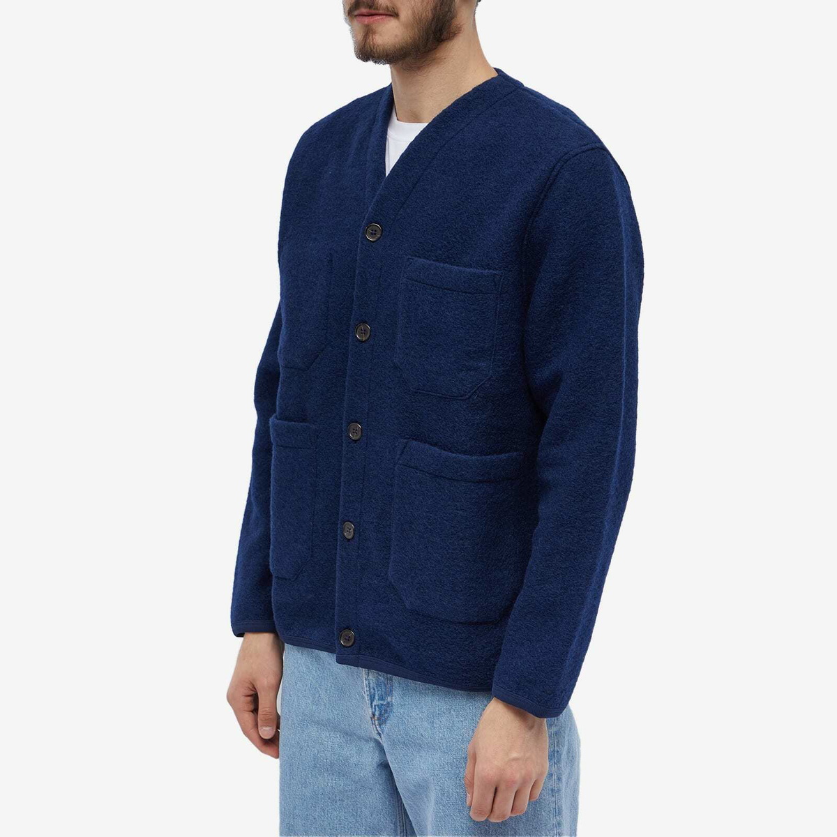 Universal Works Men's Wool Fleece Cardigan in Indigo Universal Works