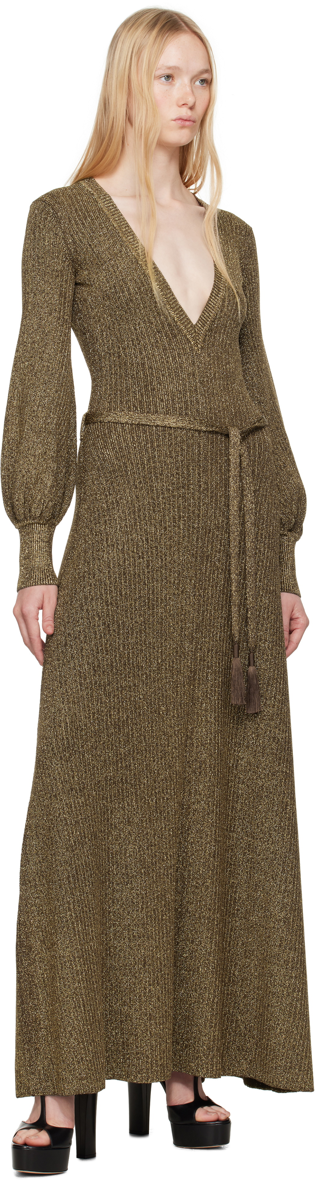 TOM FORD Gold & Brown Long V-Neck Open Back Maxi Dress TOM FORD