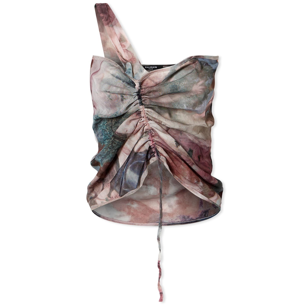 Balmain Women's Asymmetric Pastel Printed Tulle Crop Top in Multi ...