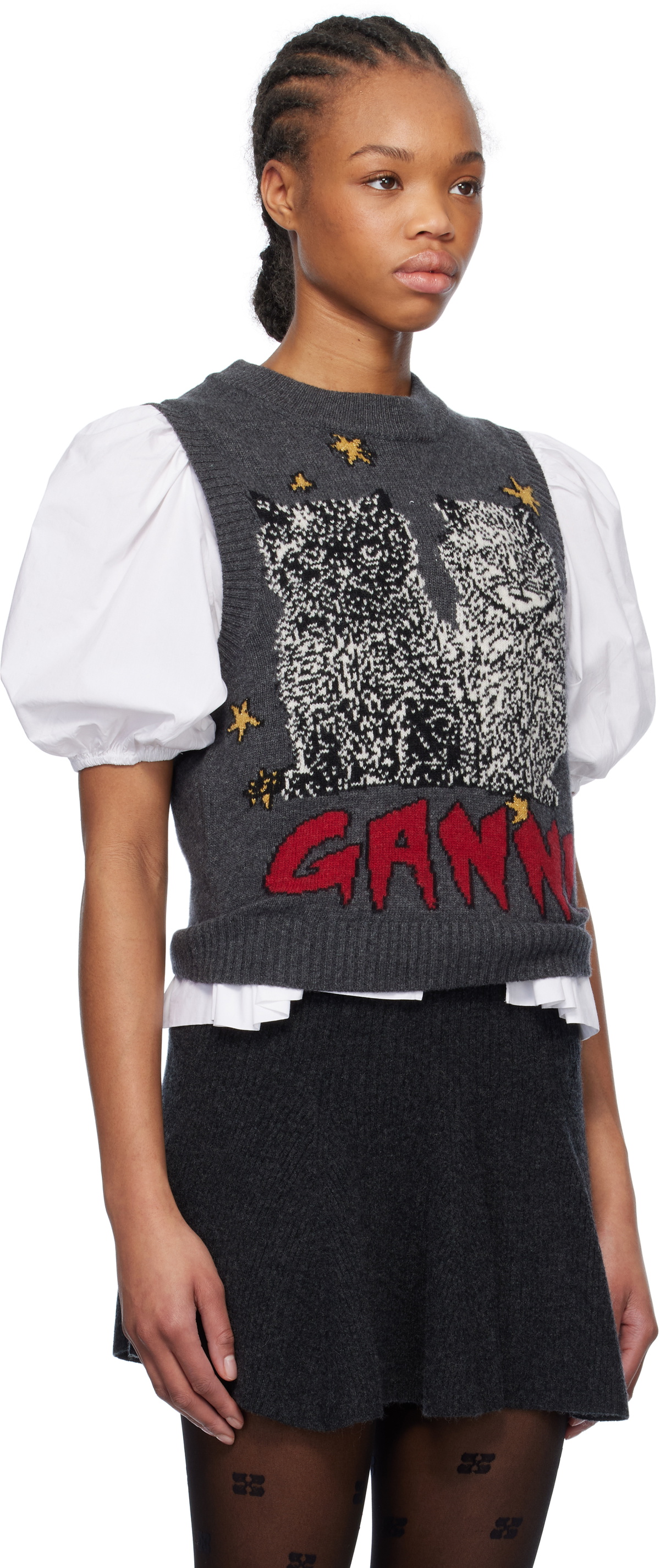 GANNI Gray Graphic Cats Vest GANNI