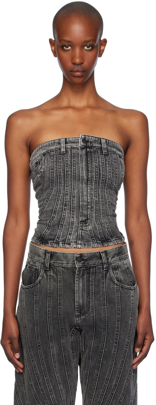 Mugler Gray Spiral Denim Bustier Mugler