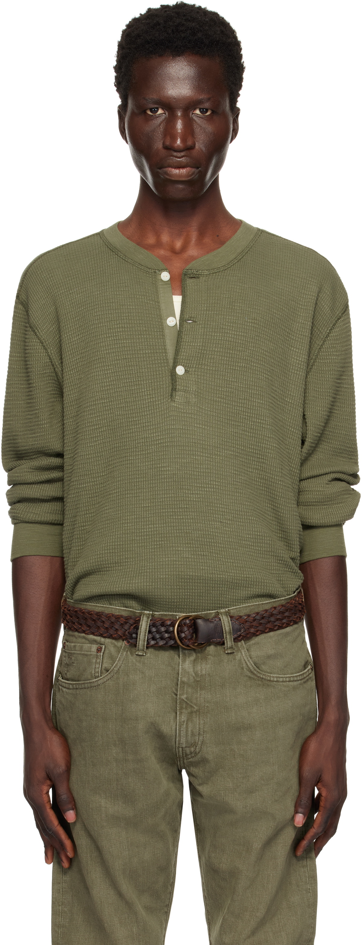 RRL Khaki Garment-Dyed Henley RRL