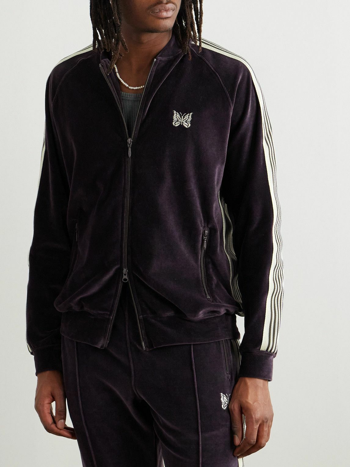 Needles - Logo-Embroidered Striped Cotton-Blend Velour Jacket - Gray ...