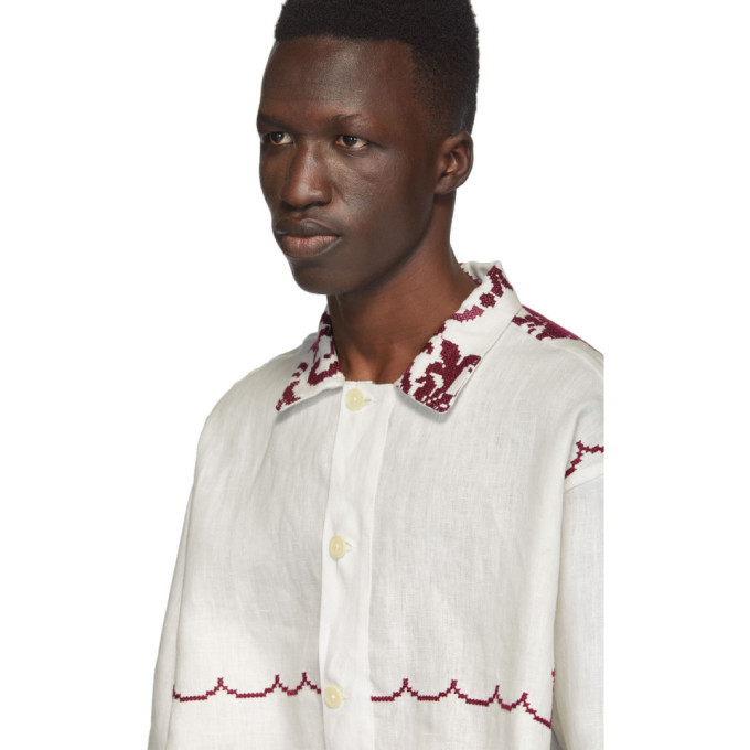 Bode White and Burgundy Dragon Scene Embroidery Shirt Bode