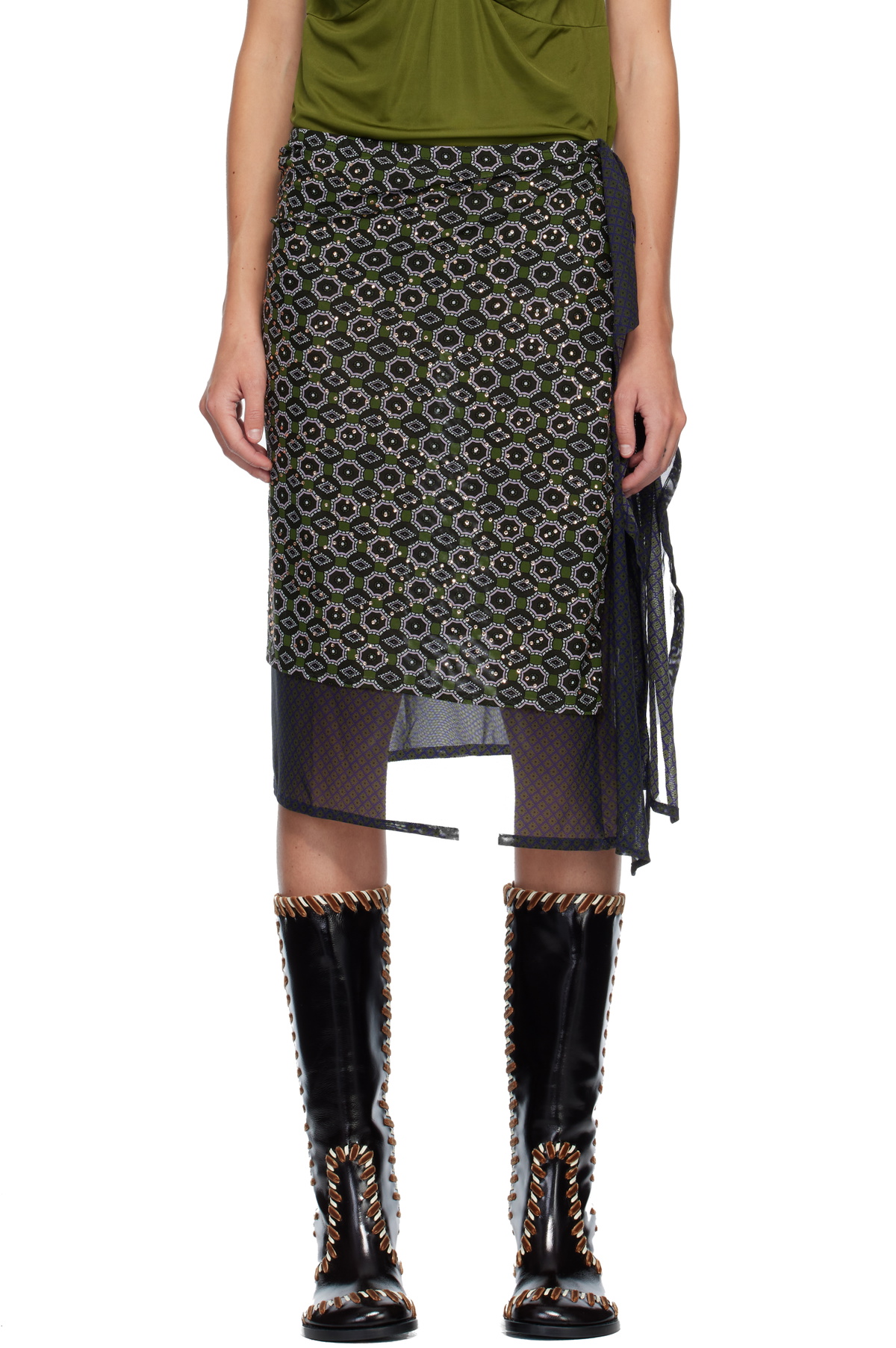 Dries Van Noten Green Embellished Jersey Midi Skirt Dries Van Noten